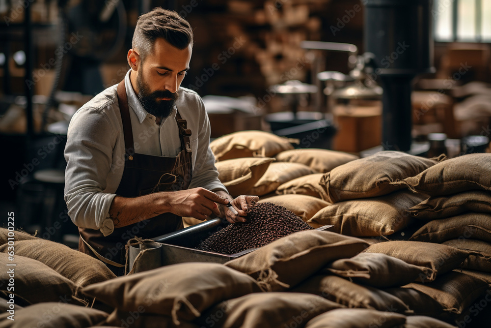 a barista in a coffee roastery, surrounded by burlap sacks of coffee ...