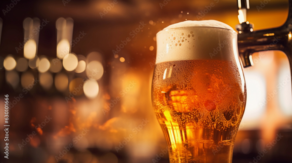 golden liquid pouring from a homebrew beer tap into a frosty pint glass ...