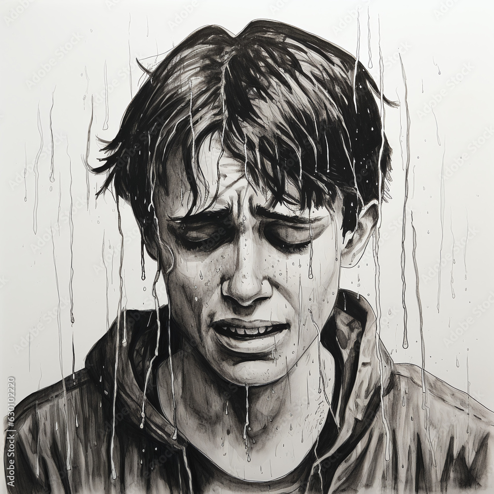 A pen and ink drawing of a teenage boy cold and wet in the rain -- from ...