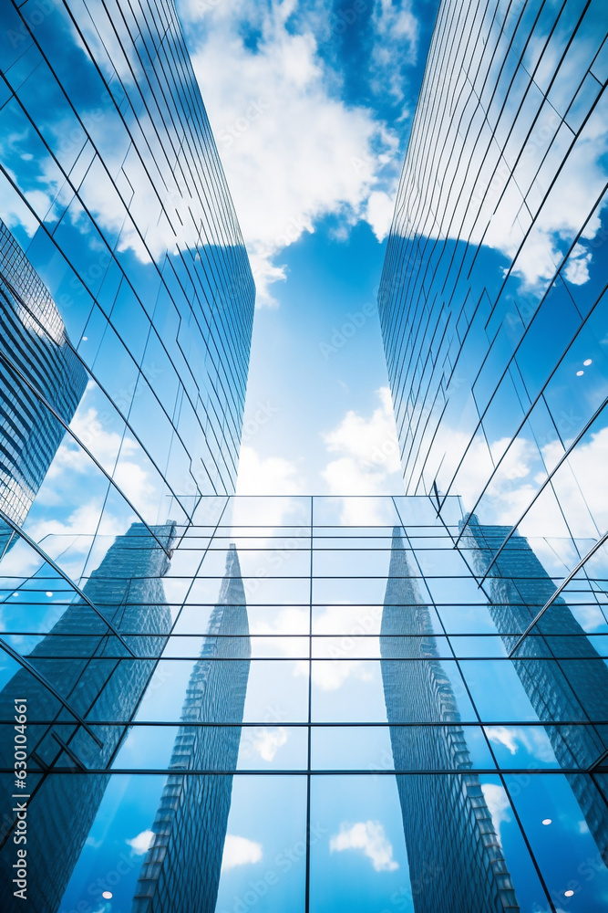 Reflective skyscrapers, business office buildings. Low angle ...