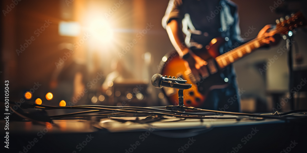 Music band group perform on a concert stage. Guitarist on stage for ...