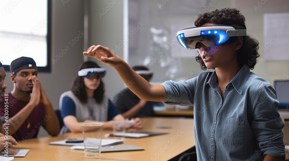 Group of students wearing VR goggles in class. Photo of a diverse group ...