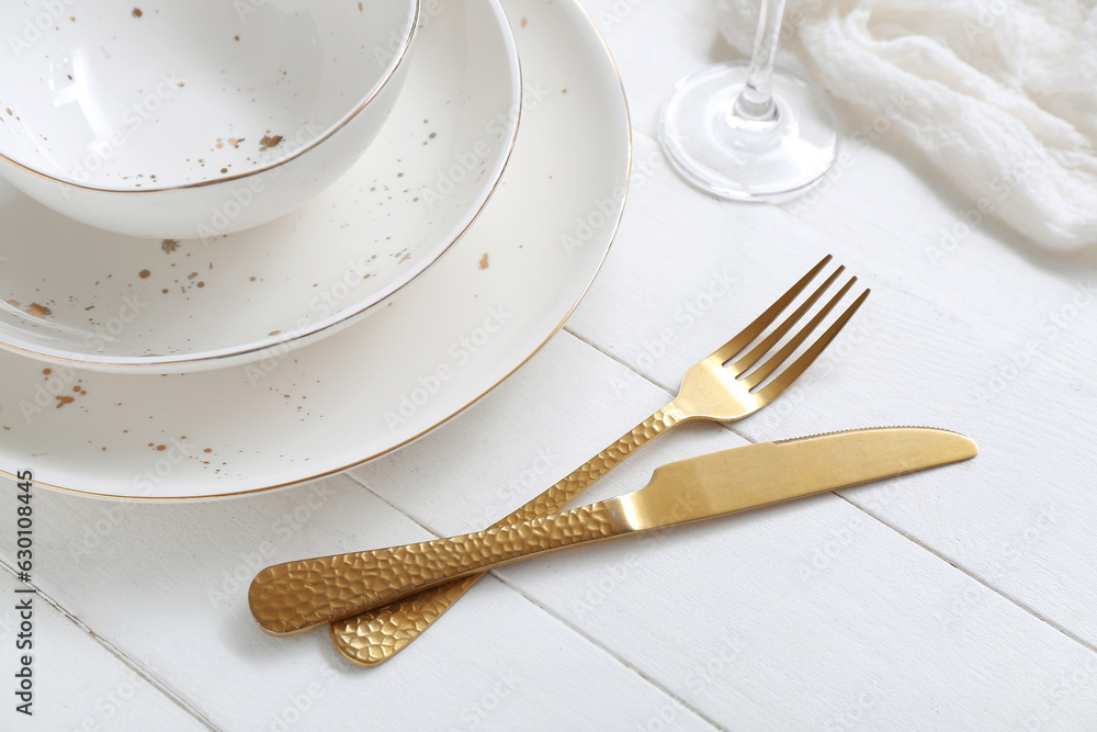 Stylish modern table setting on white wooden background Stock Photo ...