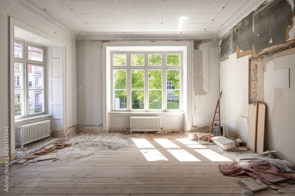 Renovated rooms with spacious windows and heating systems, both before ...