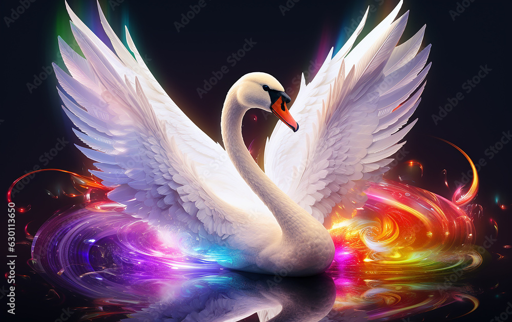 fantasy swan, A mesmerizing white swan is encased in a colorful ...