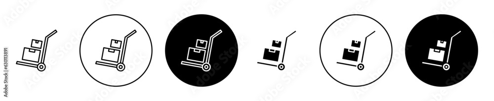 Hand truck vector icon set. logistics shipping box moving trolley ...
