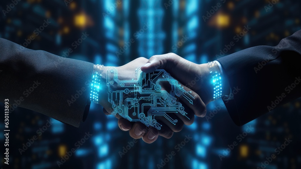 AI handshake, two business people shaking hands on a background of ...