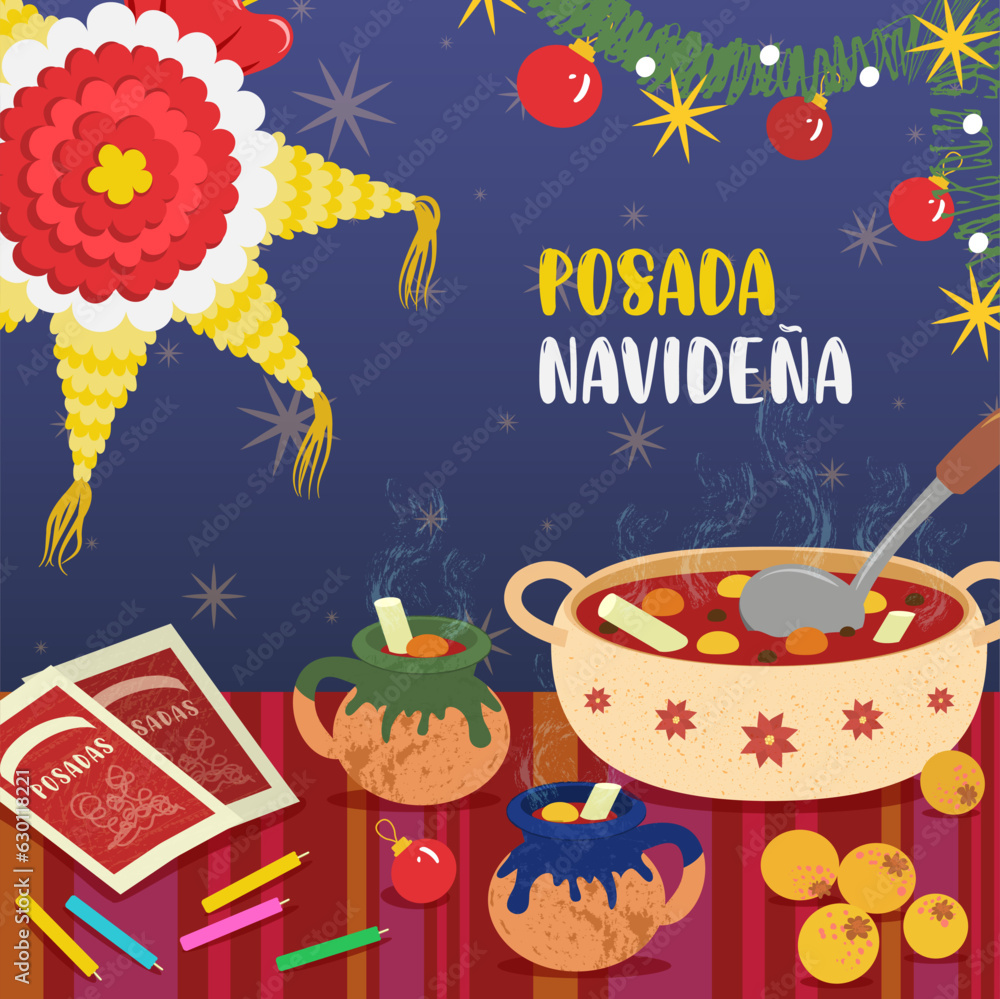 Ilustración de mesa en una posada de Navidad en México. Elementos ...