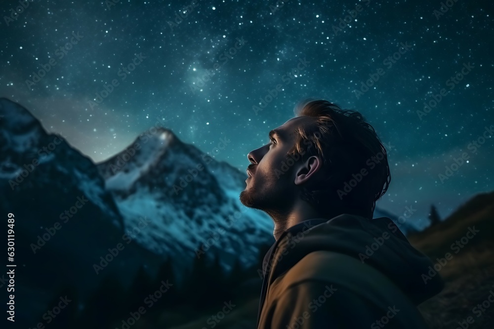 close up to the man s face, looking up to the starry sky looking up to ...