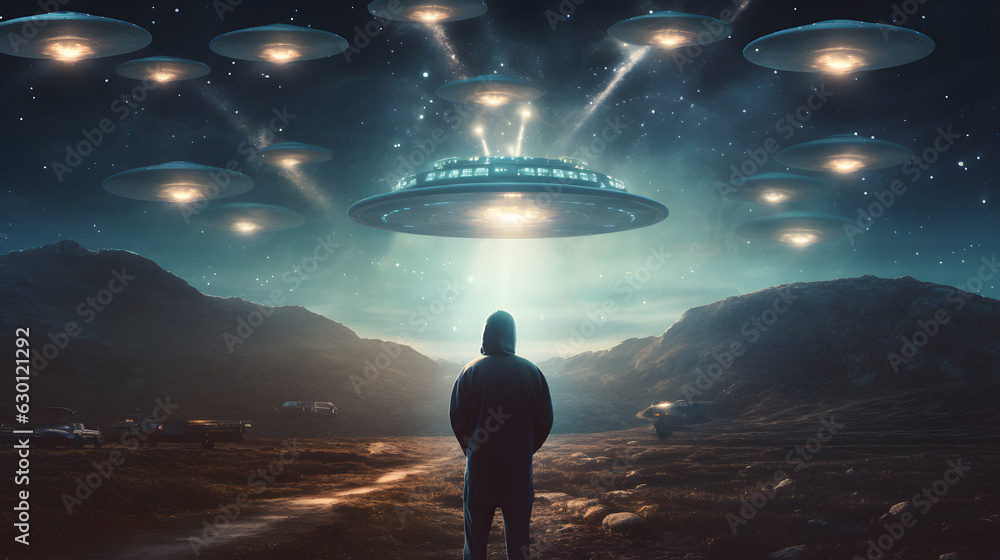 Back view of man looking at alien invasion, UFO flying in the sky ...