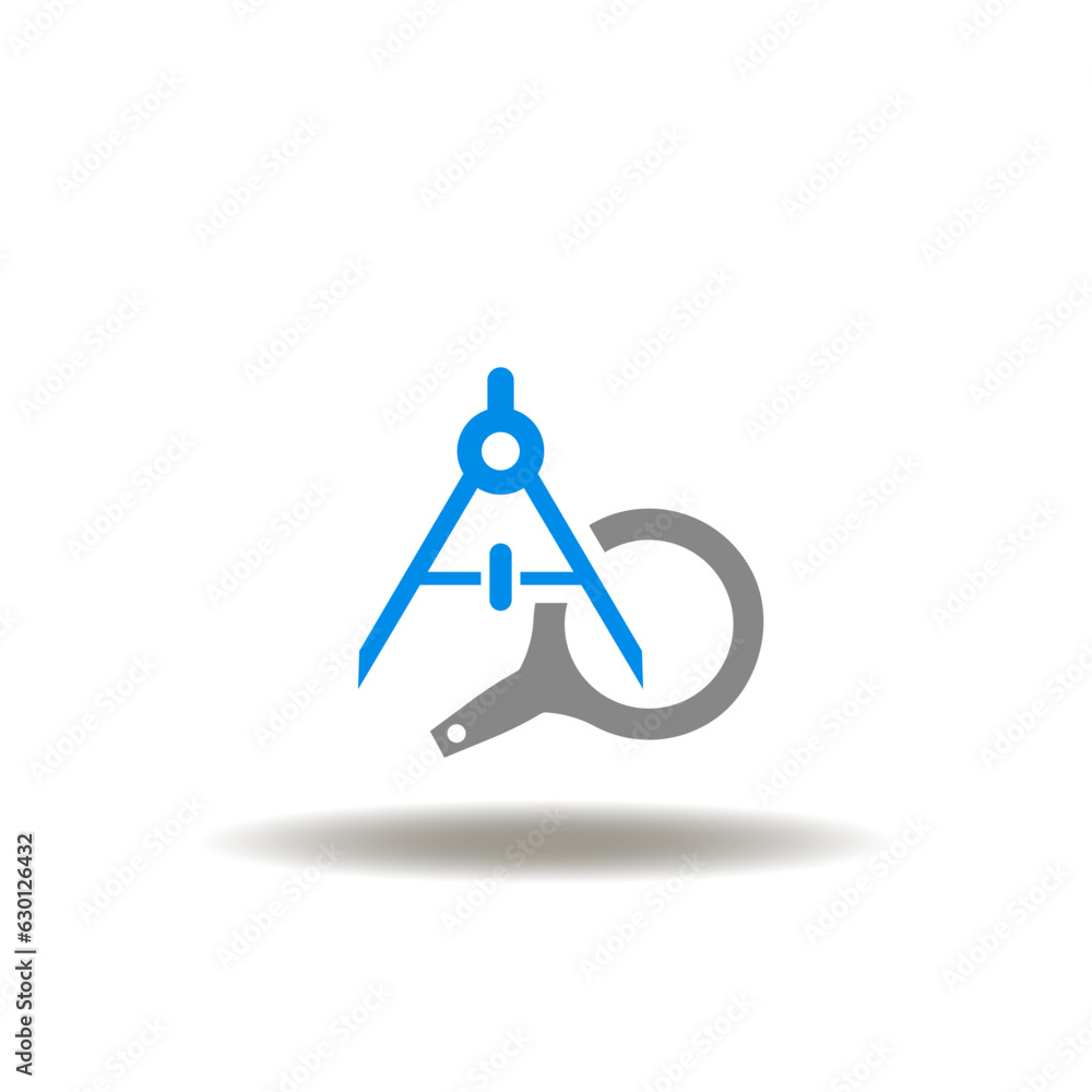 Vector illustration of compass and magnifier. Icon of engineering. Sign ...