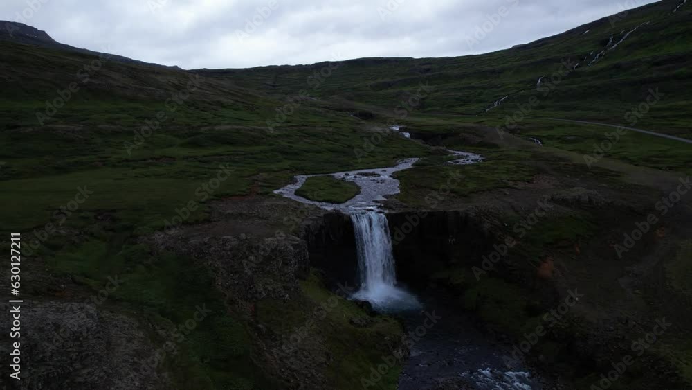 AERIAL VIEW The Gufufoss waterfall is the largest in Seydisfjordur ...