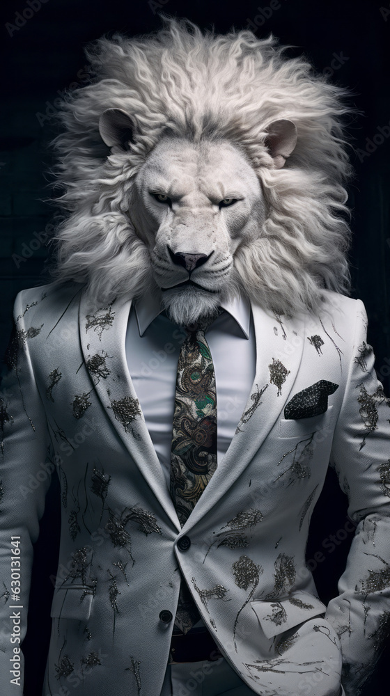 White lion dressed in an elegant suit with a nice tie. Fashion portrait ...