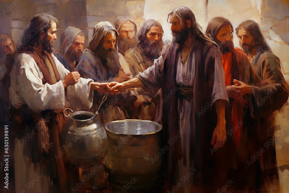 Jesus Christ turns water into wine. Religion Bible. History. During a ...