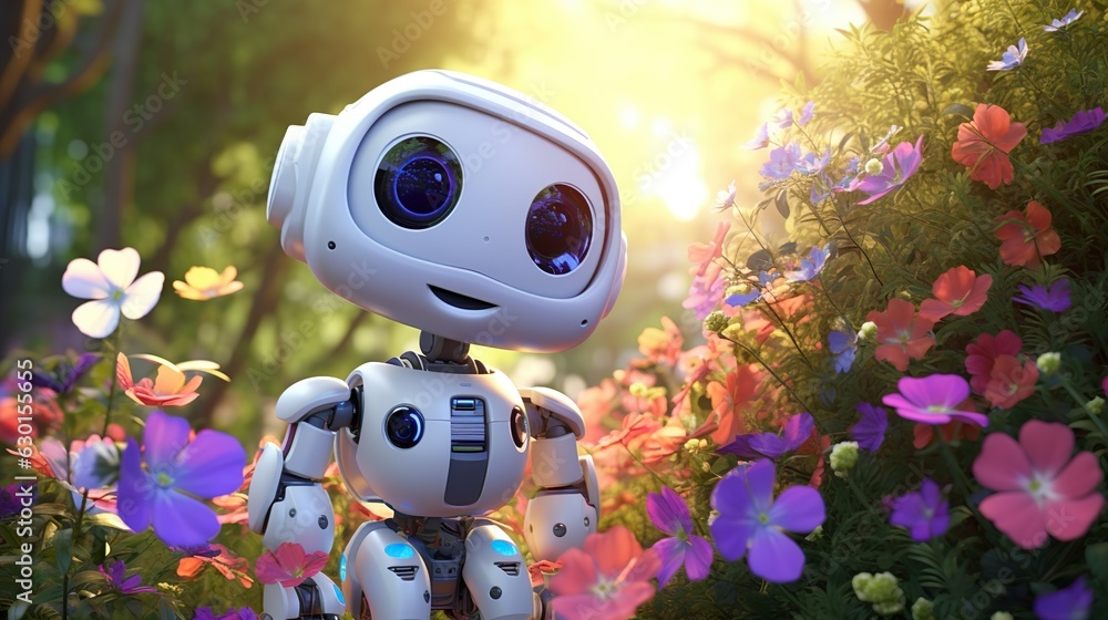 cute happy adorable robot with flowers 3d character generative ai Stock ...