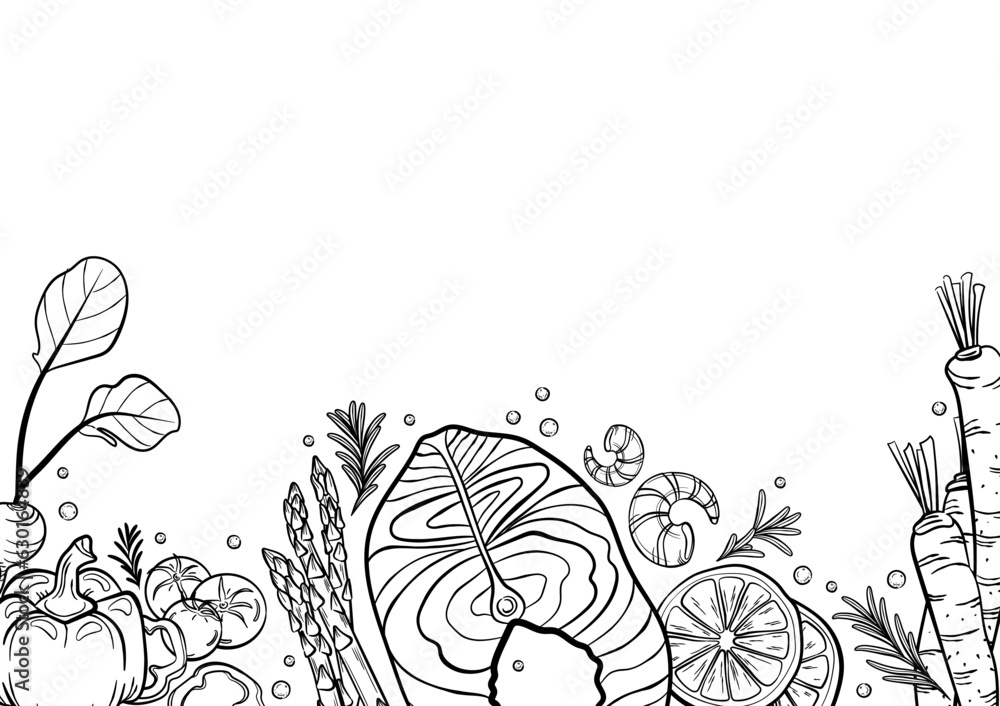 Healthy food hand drawn vector illustration. Drawing in white isolated ...