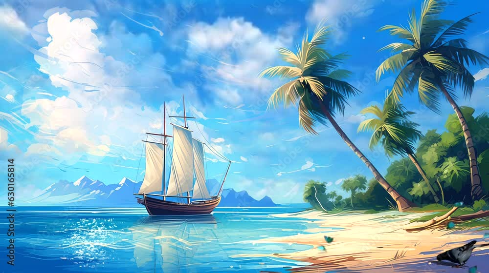 Anime background Sailboat on the sea beach with blue sky, blue water ...