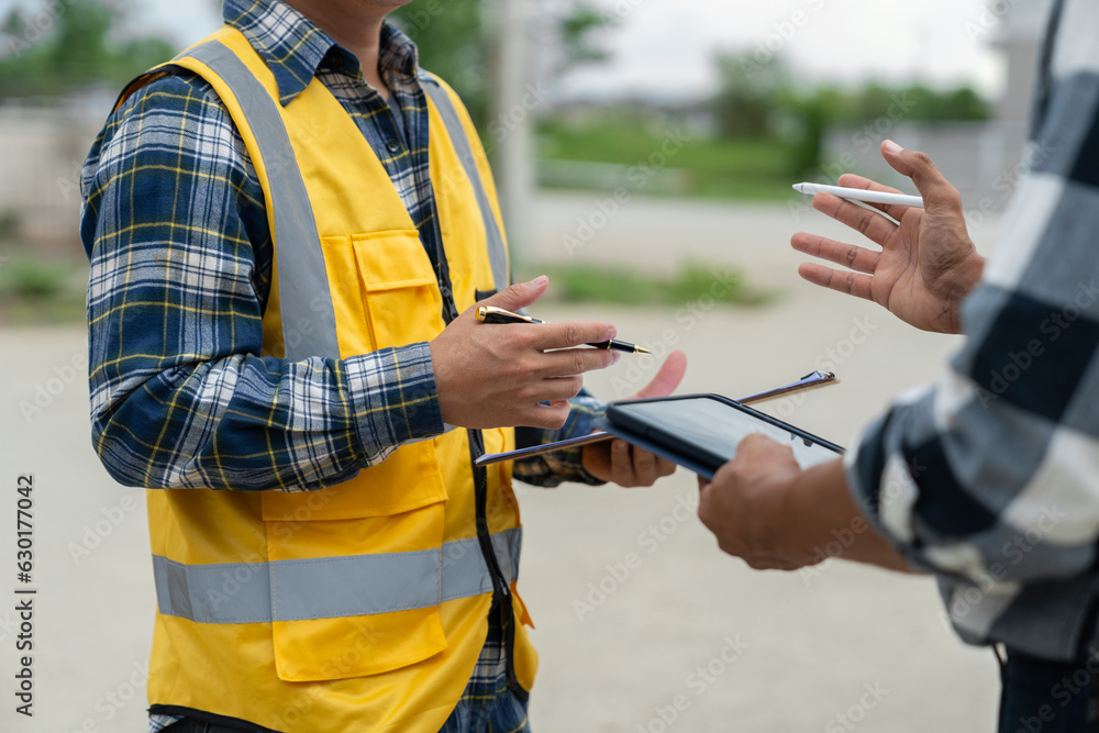 Engineer team discussing and working at outdoor construction site ...