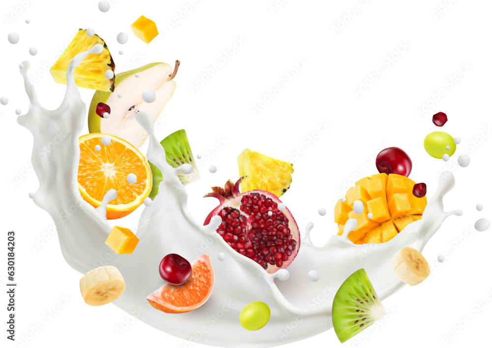 Realistic milk wave splash, fruits in milky drink, milkshake or yogurt ...