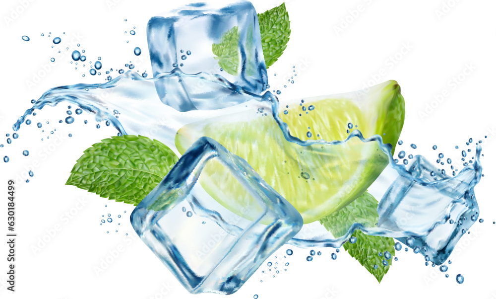 Mojito drink wave splash with lime, ice cubes, water swirl and mint leaves. Realistic 3d vector ...