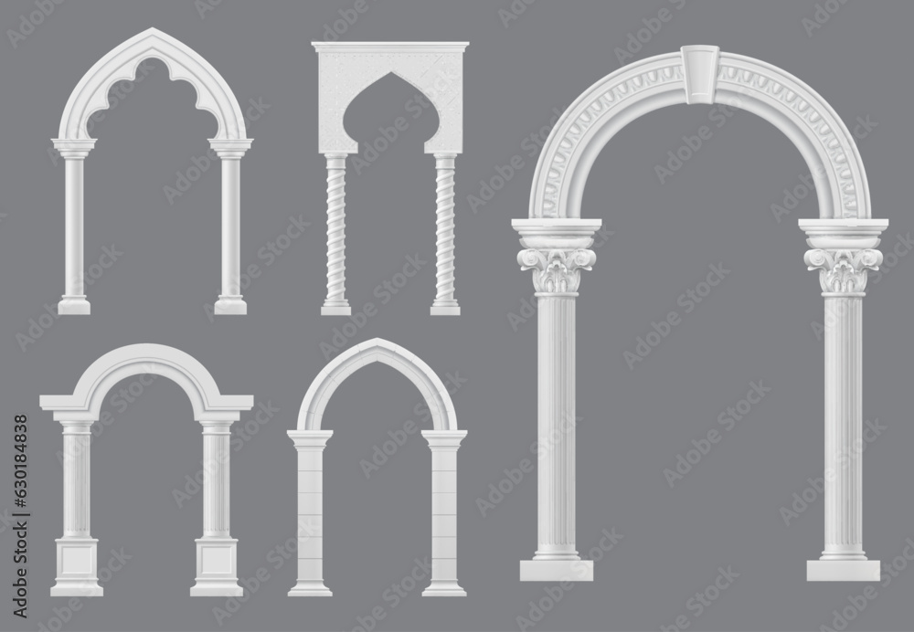 Poster Castle and palace white marble arch, medieval archway or antique ...