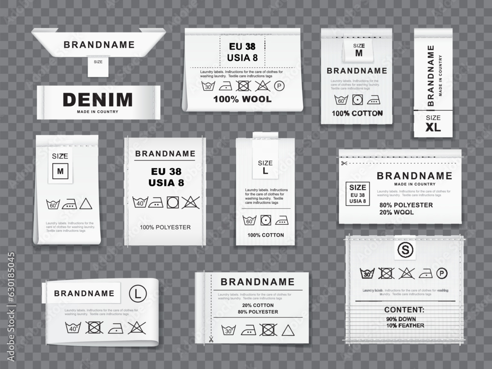 Realistic textile cloth wash labels, tags and badges, vector fabric ...