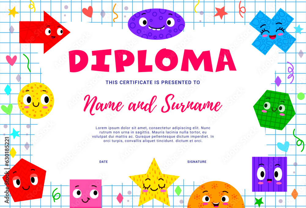 Kids diploma with math shape characters. School and kindergarten vector ...