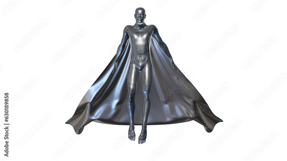 Superhero with cape. Male Super hero with flowing cape. Silver man with ...