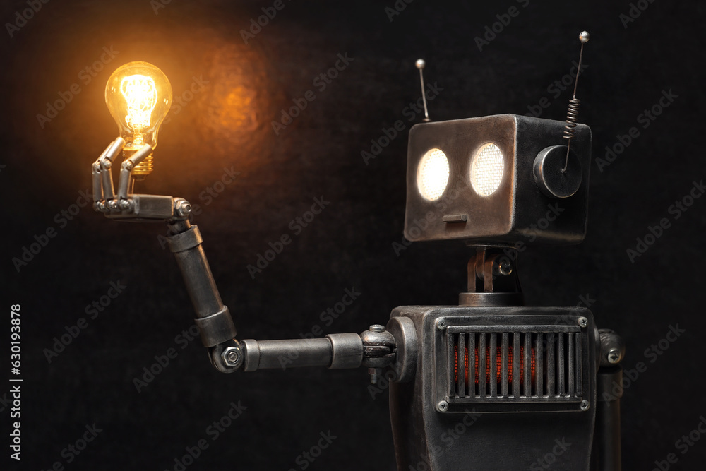 Humanoid robot with a paw in his hand on a black background. The ...