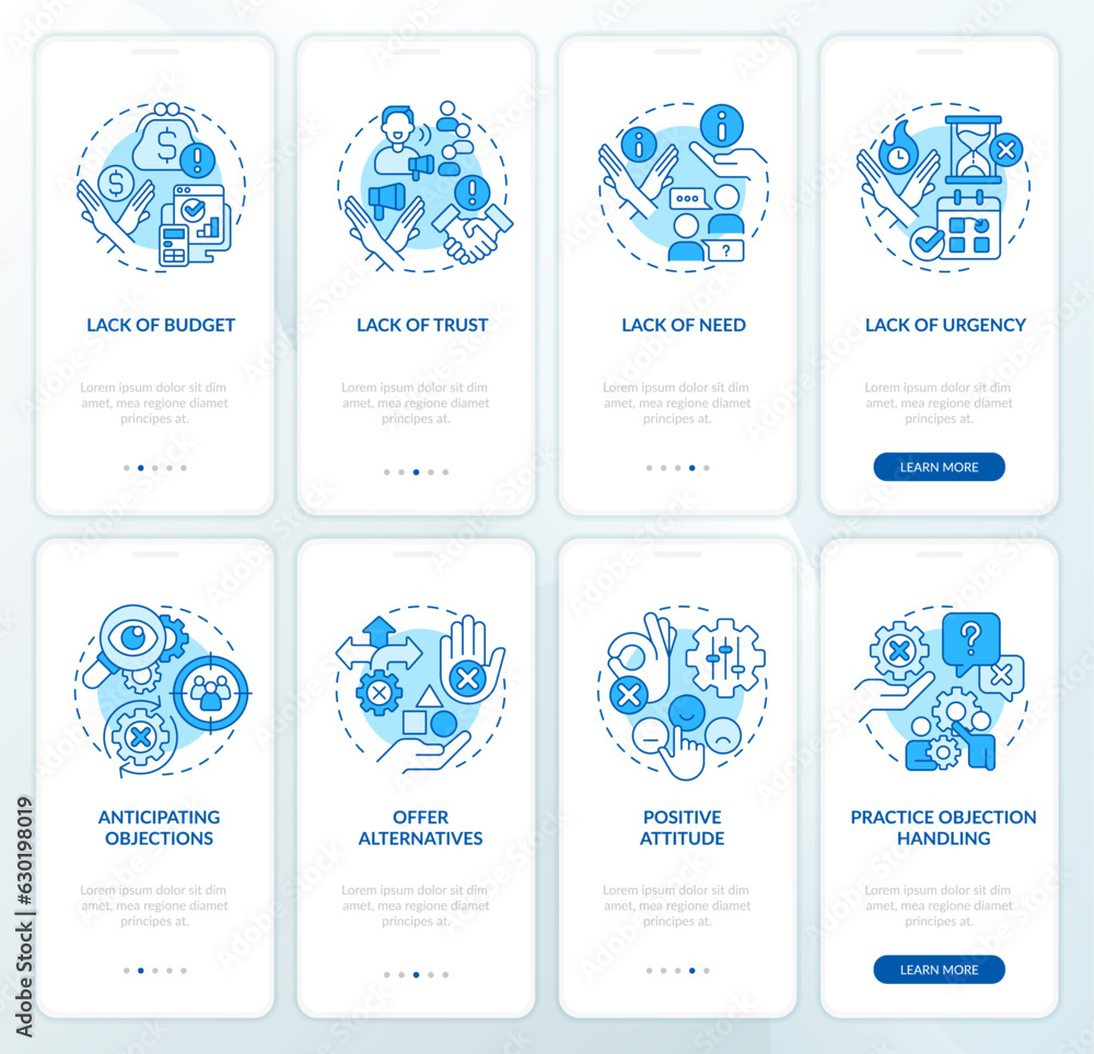 Objection handling blue onboarding mobile app screen set. Closing deal. Walkthrough 4 steps ...