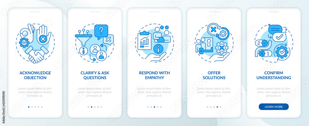 Objection handling process blue onboarding mobile app screen. Sales script walkthrough 5 steps ...