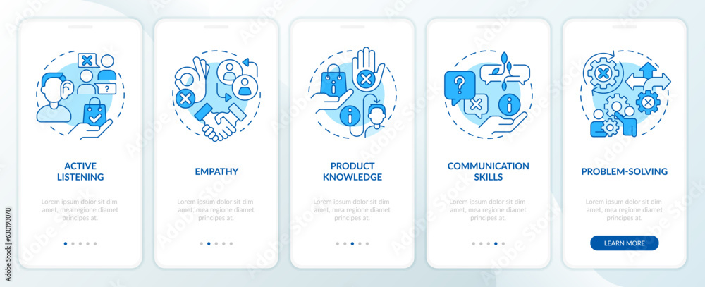 Salesperson essential skills blue onboarding mobile app screen. Sales ...