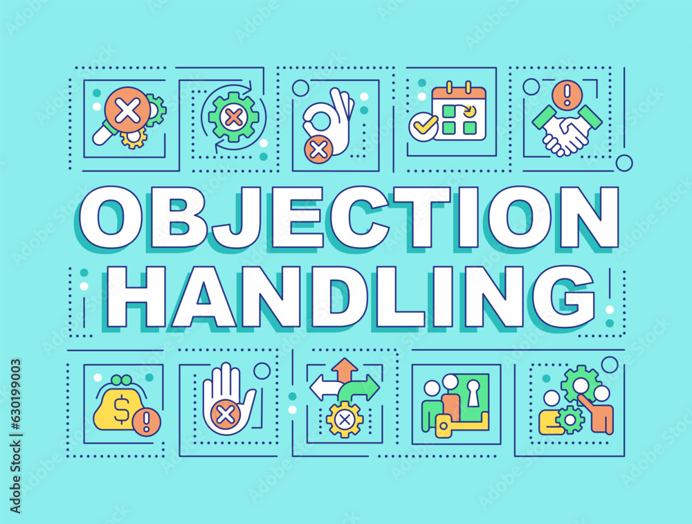 Objection handling word concepts light blue banner. Sales technique ...