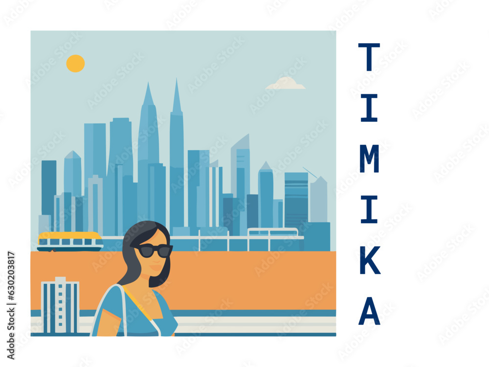Square flat design tourism poster with a cityscape illustration of ...