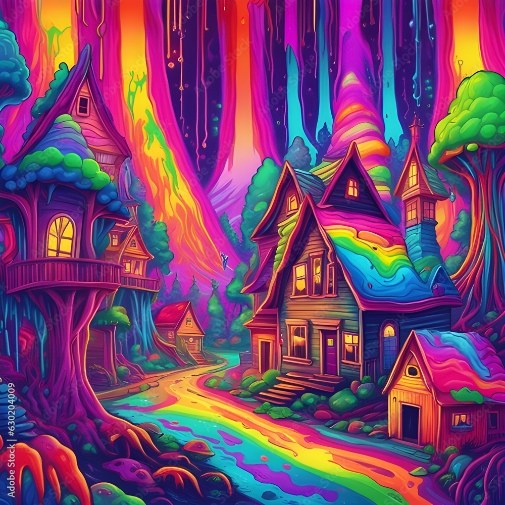 Rainbow Small Town in a Redwood Forest: DMT Art Unveiling Psychedelic ...