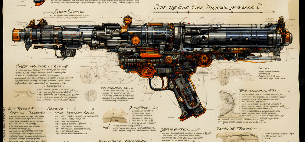 Foto de the design is a type of mechanical gun with parts labeled do ...