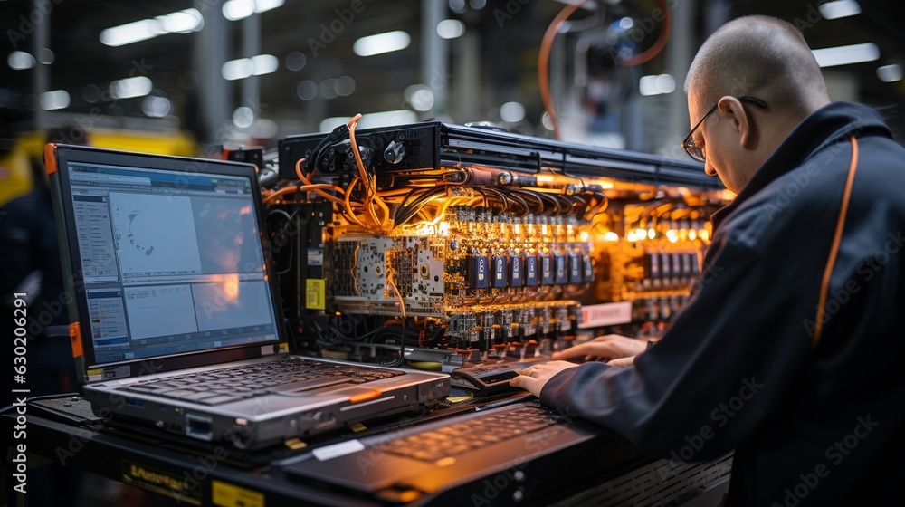 an engineer with a laptop A huge machine that is fully automated is ...