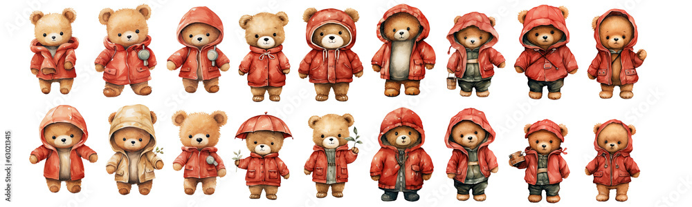 Teddy bear Red rain jacket watercolor collection illustration ,Teddy ...