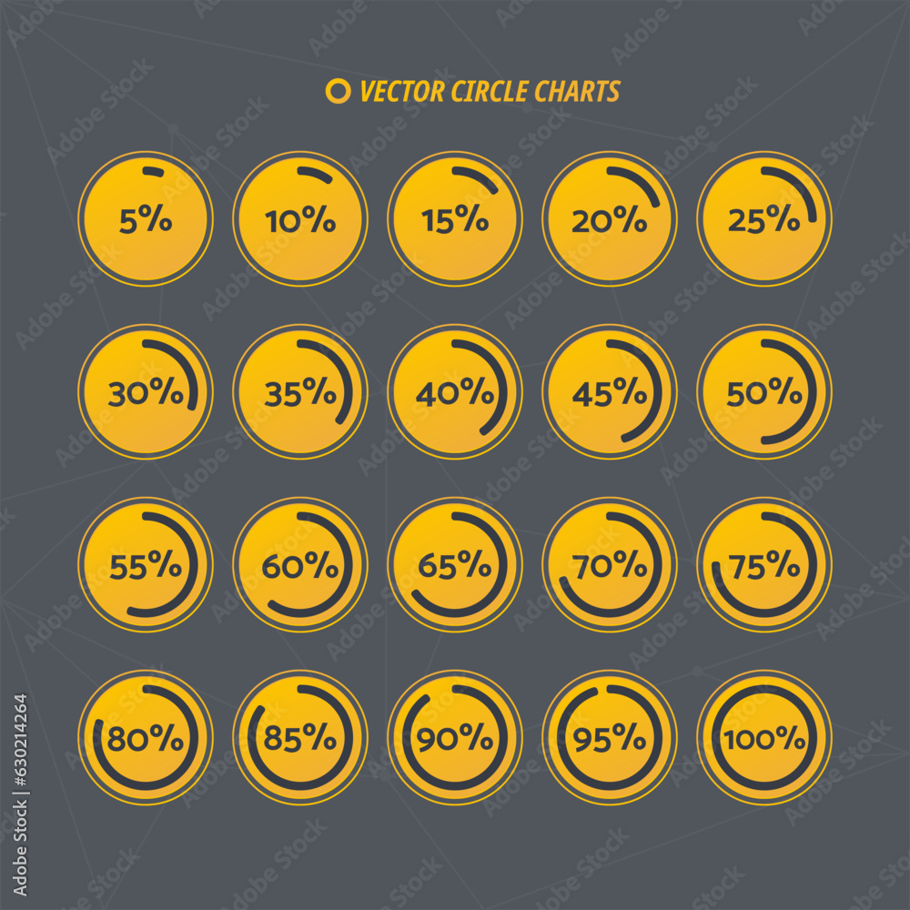 5 10 15 20 25 30 35 40 45 50 55 60 65 70 75 80 85 90 95 100 percent pie chart set. Circle ...