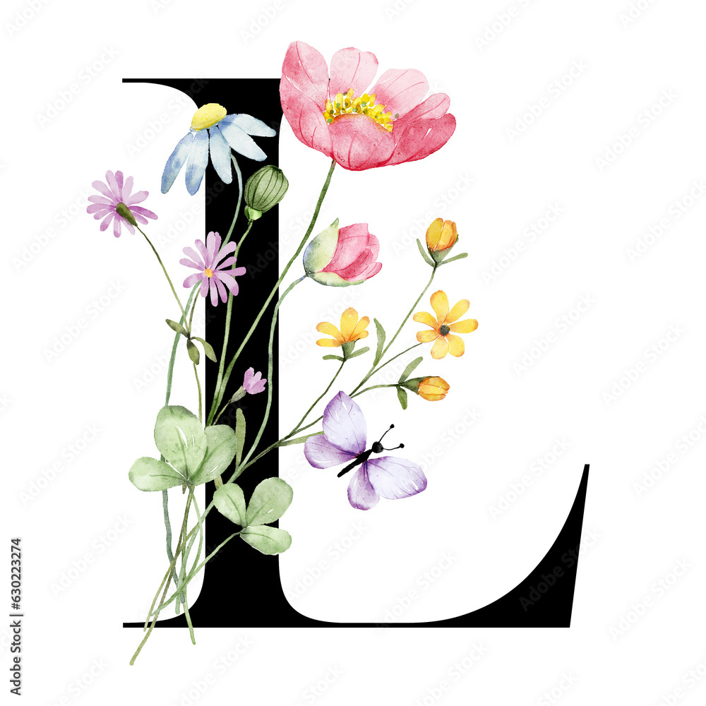 Floral alphabet, letter L with watercolor flowers and leaf. Monogram ...