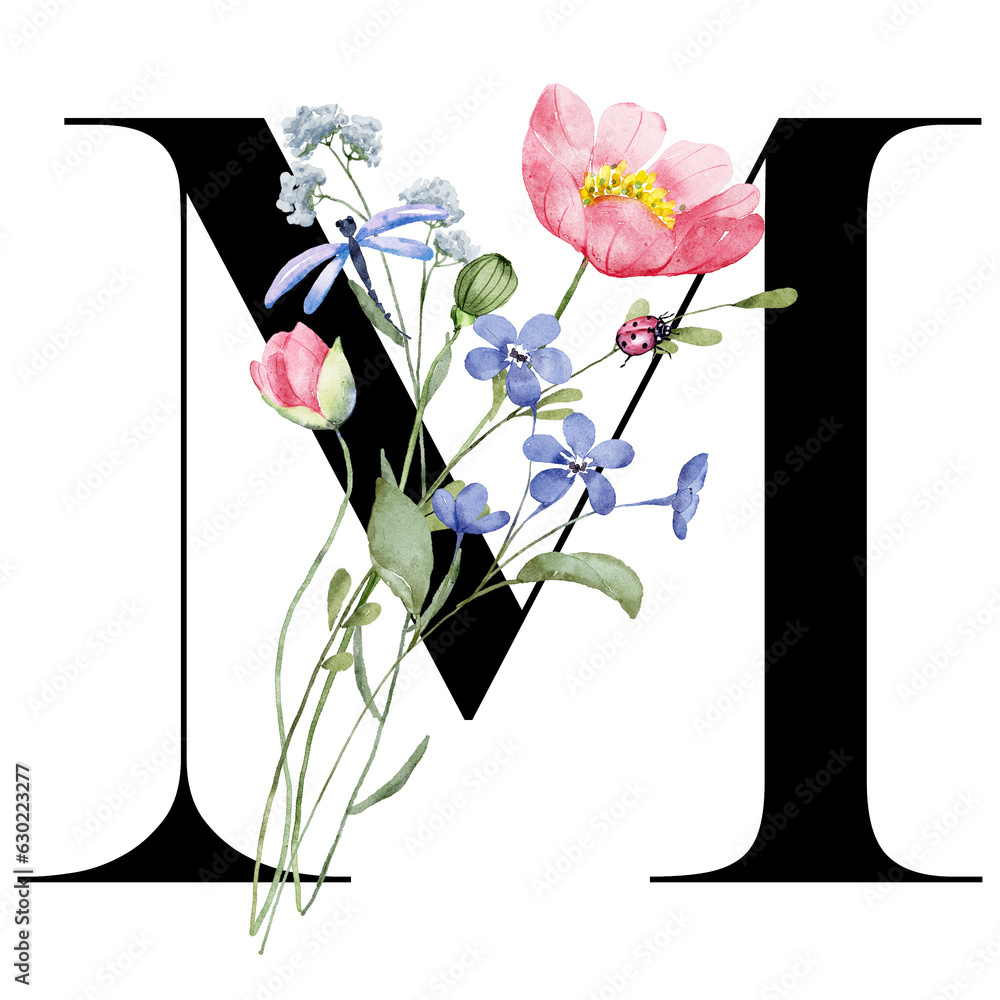 Floral alphabet, letter M with watercolor flowers and leaf. Monogram ...