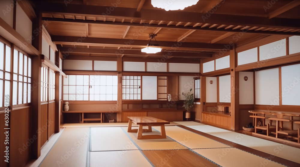 Spacious room for martial arts practicing. Traditional interior for ...