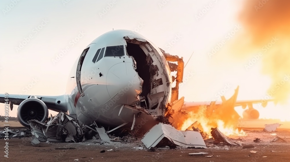 Illustration of airplane crash accident with destroyed burning plane ...