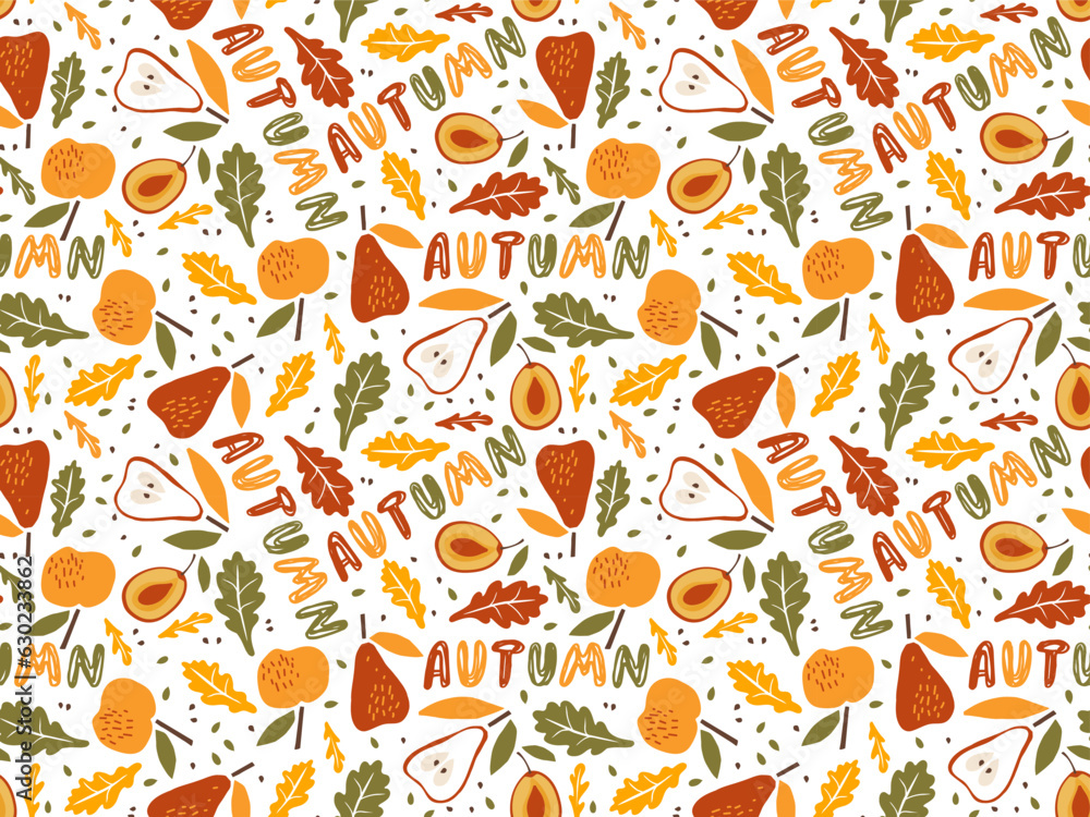 Seamless pattern with autumn leaves and autumn text. Autumn leaf color ...
