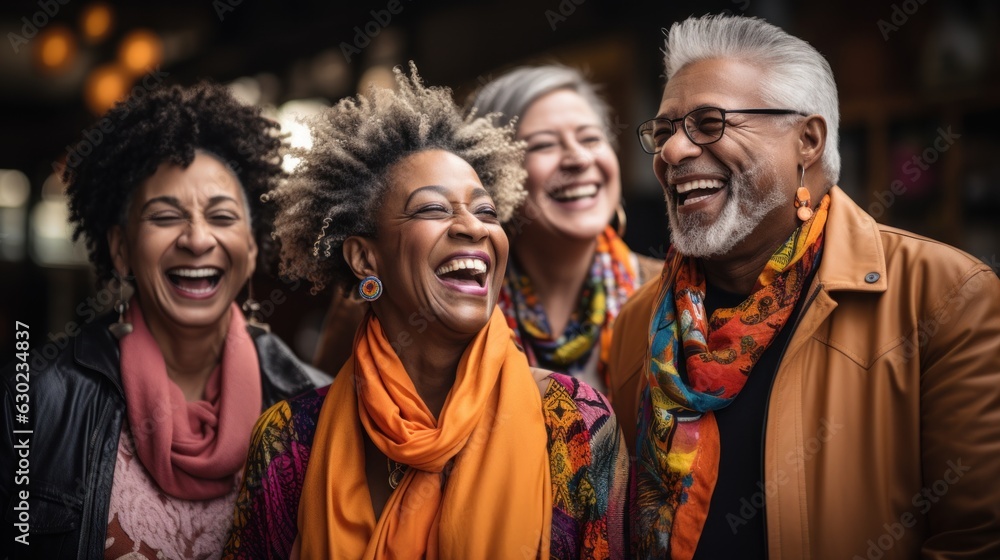 group of people in the city. A diverse group of older adults laughing ...