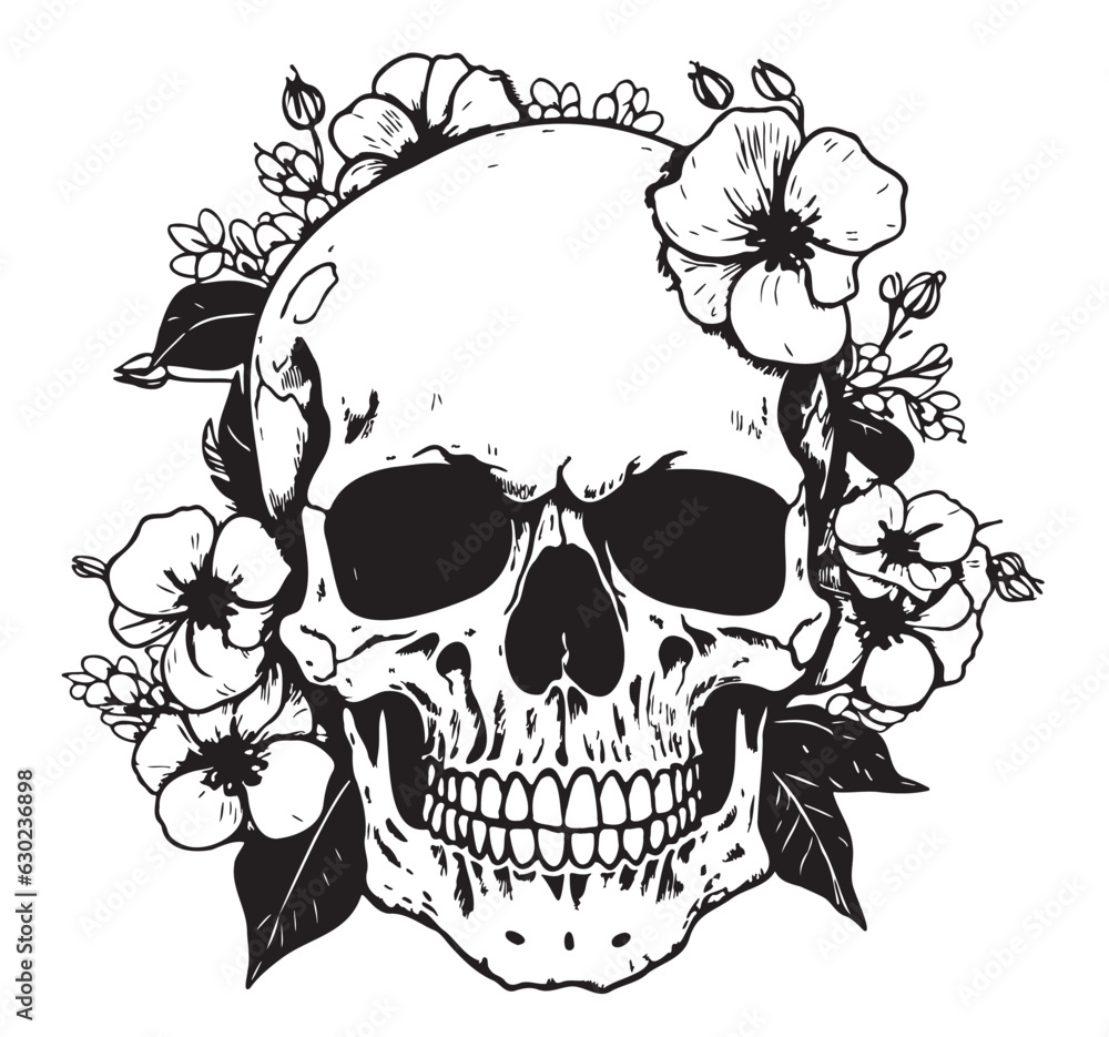 Skull and flowers sketch hand drawn in doodle style illustration Stock ...