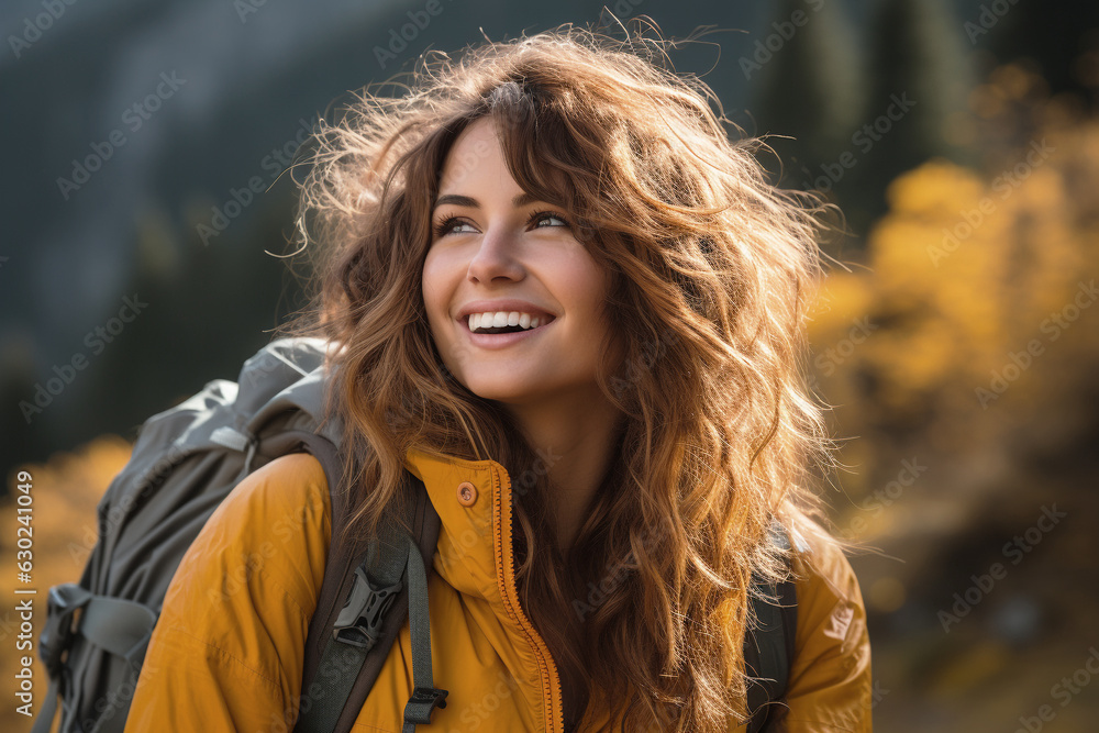 vibrant hues of autumn, a woman confidently hikes through the mountains ...