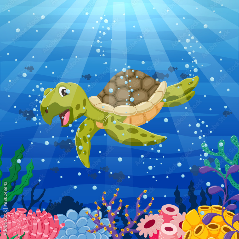 Cartoon sea turtle swimming in the ocean. Vector illustration Stock ...