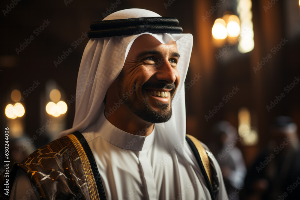 Arabic man indoor smiling while wearing traditional white Shemagh gown ...