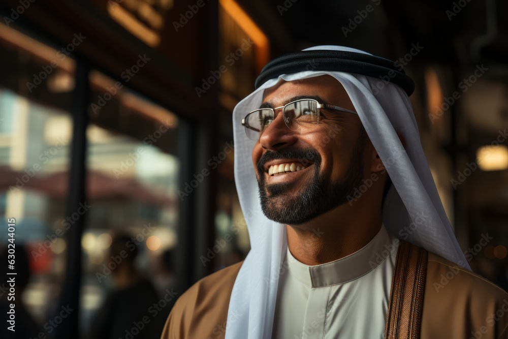Arabic man indoor smiling while wearing traditional white Shemagh gown ...
